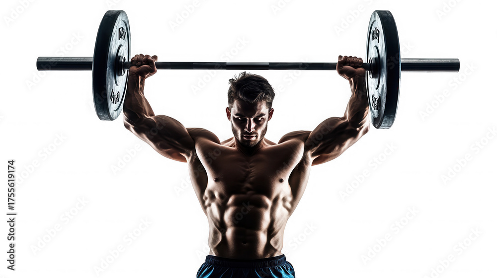 Muscular man lifting barbell overhead in a dark gym with defined abs ...