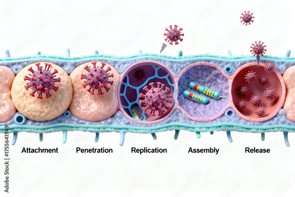 Virus replication lifecycle steps attachment penetration replication ...