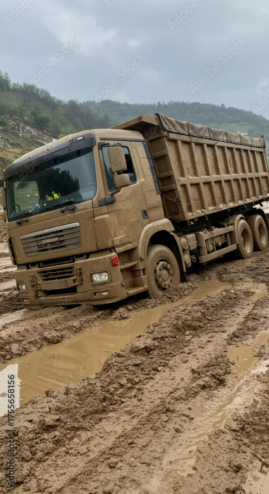 Large dump truck stuck in deep, thick mud on an unpaved road. Disaster ...