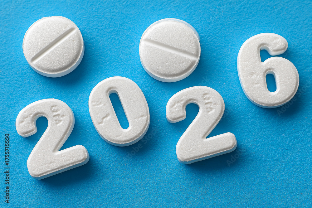 White pills and the numbers 2026 on a blue background. New Year's ...