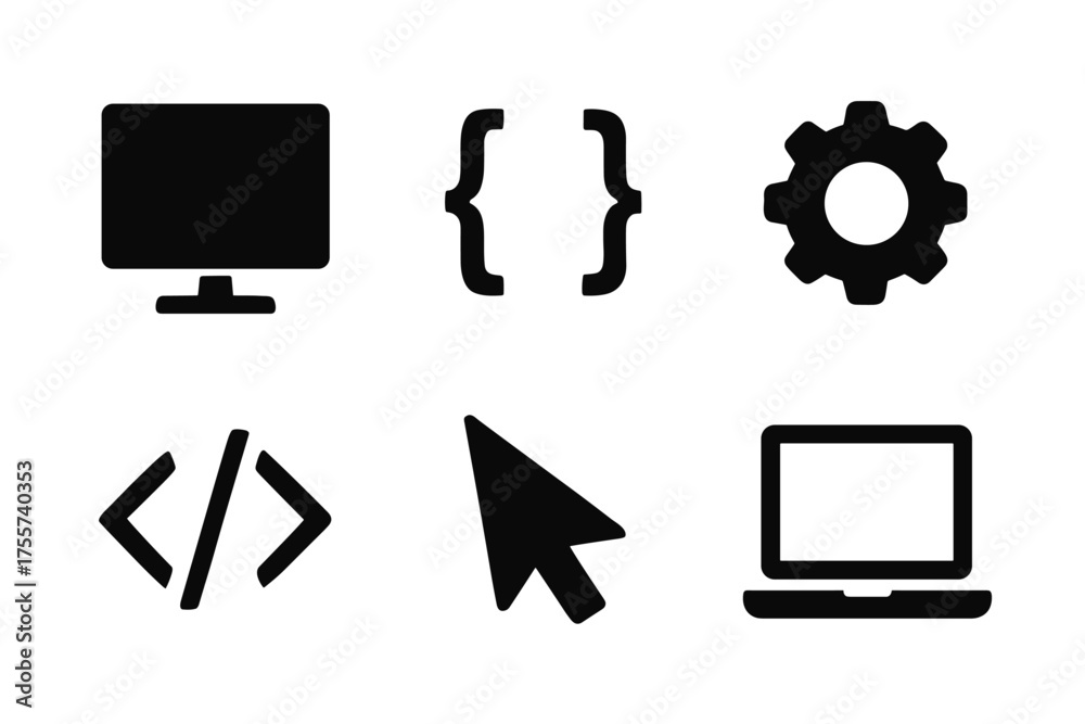 Computer and coding symbols: monitor, braces, gear, code, cursor, laptop icons Stock Vector ...