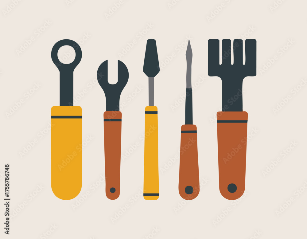 Five tools in a row with yellow or brown handles and dark gray tops on ...