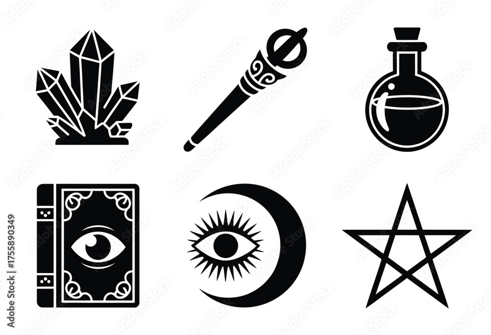 Mystical magic symbols vector illustrations set magical crystals staff ...