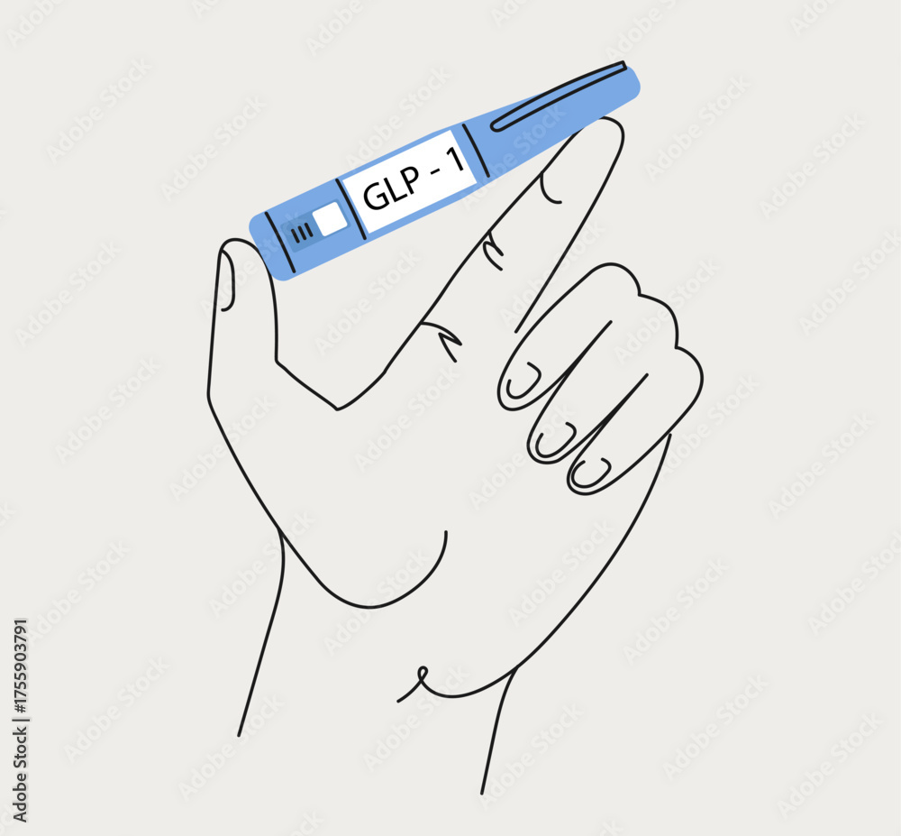 Human hand with GLP 1 injection pen. Hormone syringes. Vector line art ...