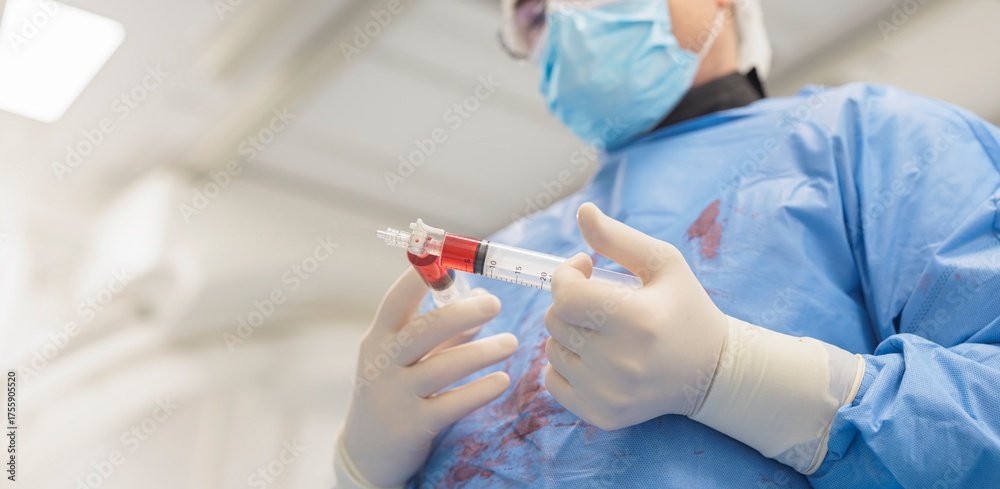 A healthcare professional in surgical attire prepares a syringe with ...