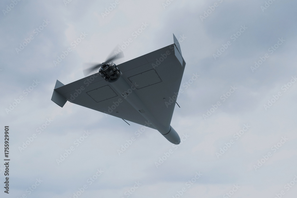 Ilustración de Stock Combat military drone flies through the sky. Drone ...