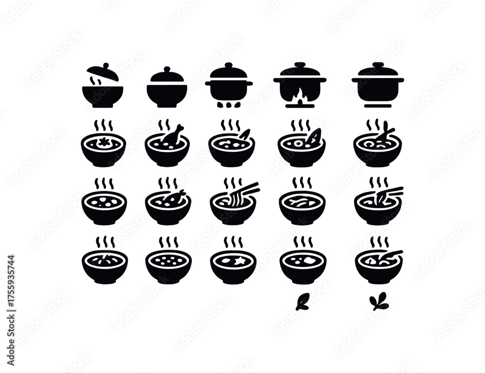 vector solid black filled icons Dishes (soups) lid open lid closed ...
