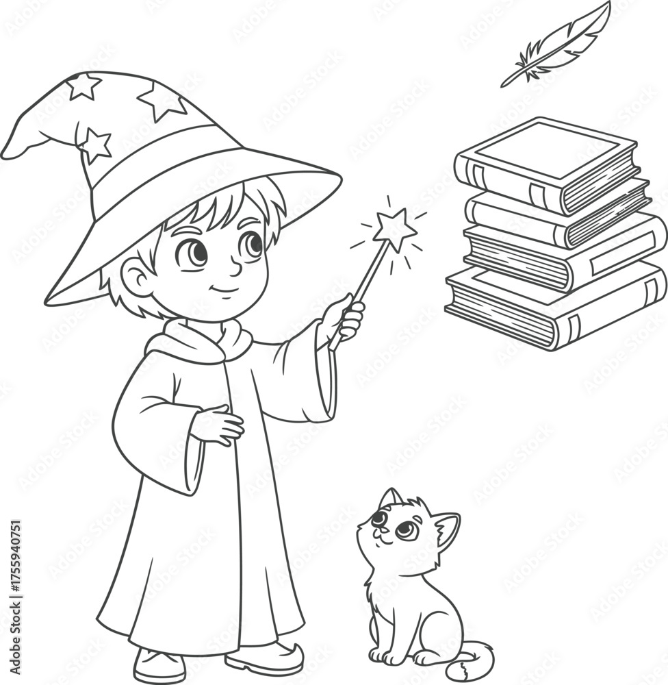 Image vectorielle Stock Cute Cartoon Wizard Boy Casting Spell with ...