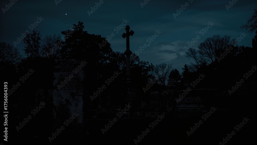 Photo Stock Nighttime graveyard scene under a dark sky with tombstones ...