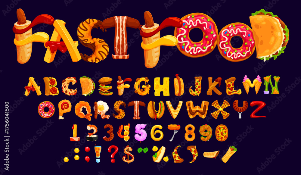 Fast food font, fastfood typeface, takeaway type, cartoon kids English ...