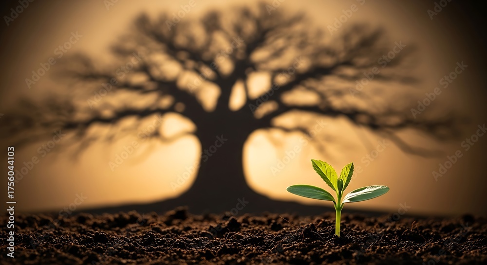 Small sprout growing in soil casting shadow of big tree, dramatic ...