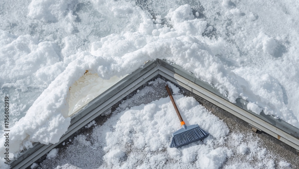 Snow removal from roof using broom and gutters blocked by ice dam Stock ...