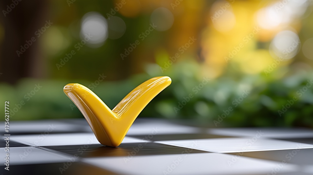 Shiny yellow checkmark symbol on a checkered grid, representing success ...