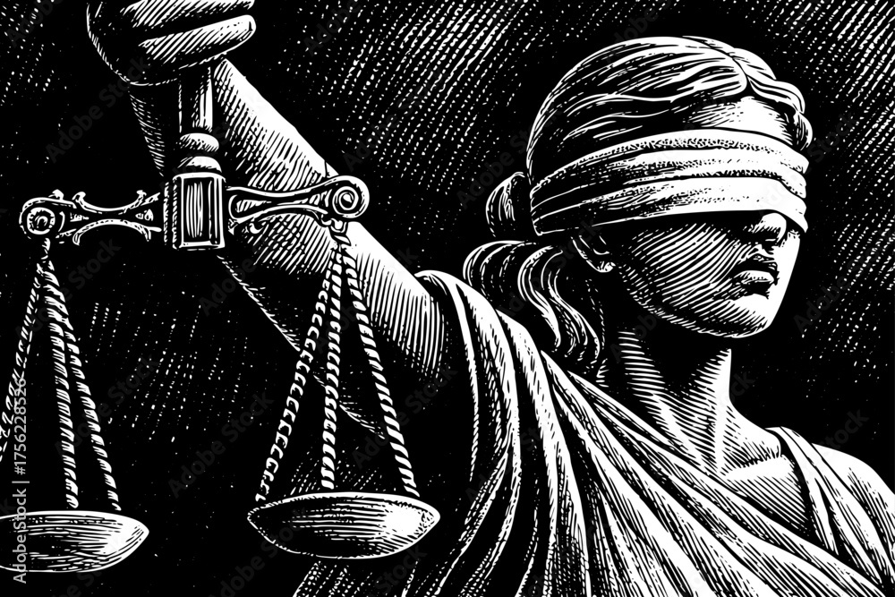 sketch of blindfolded justice holding scales and gavel in dotwork style ...