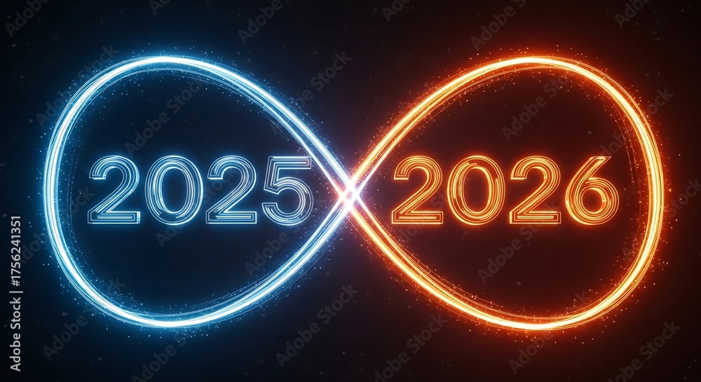 Glowing neon infinity symbol showing transition from 2025 to 2026 year ...