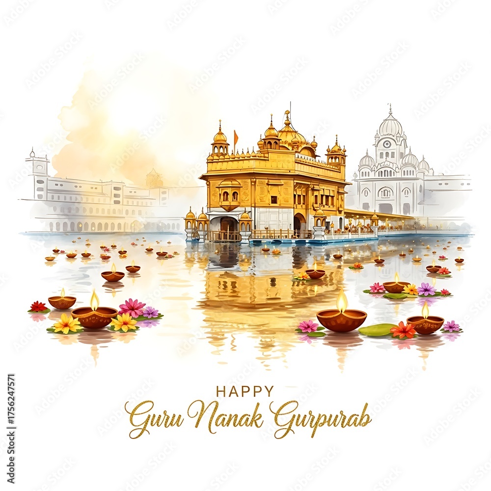 Photo Stock Golden temple illuminated with diyas and flowers on the ...