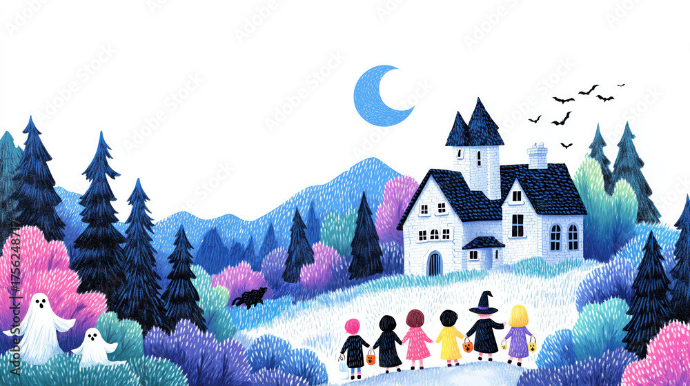 Children in colorful costumes walking toward a haunted house under the ...