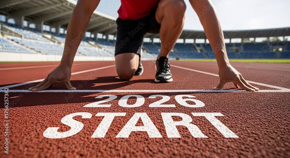 Athlete in starting position on a running track at the "2026 Start ...