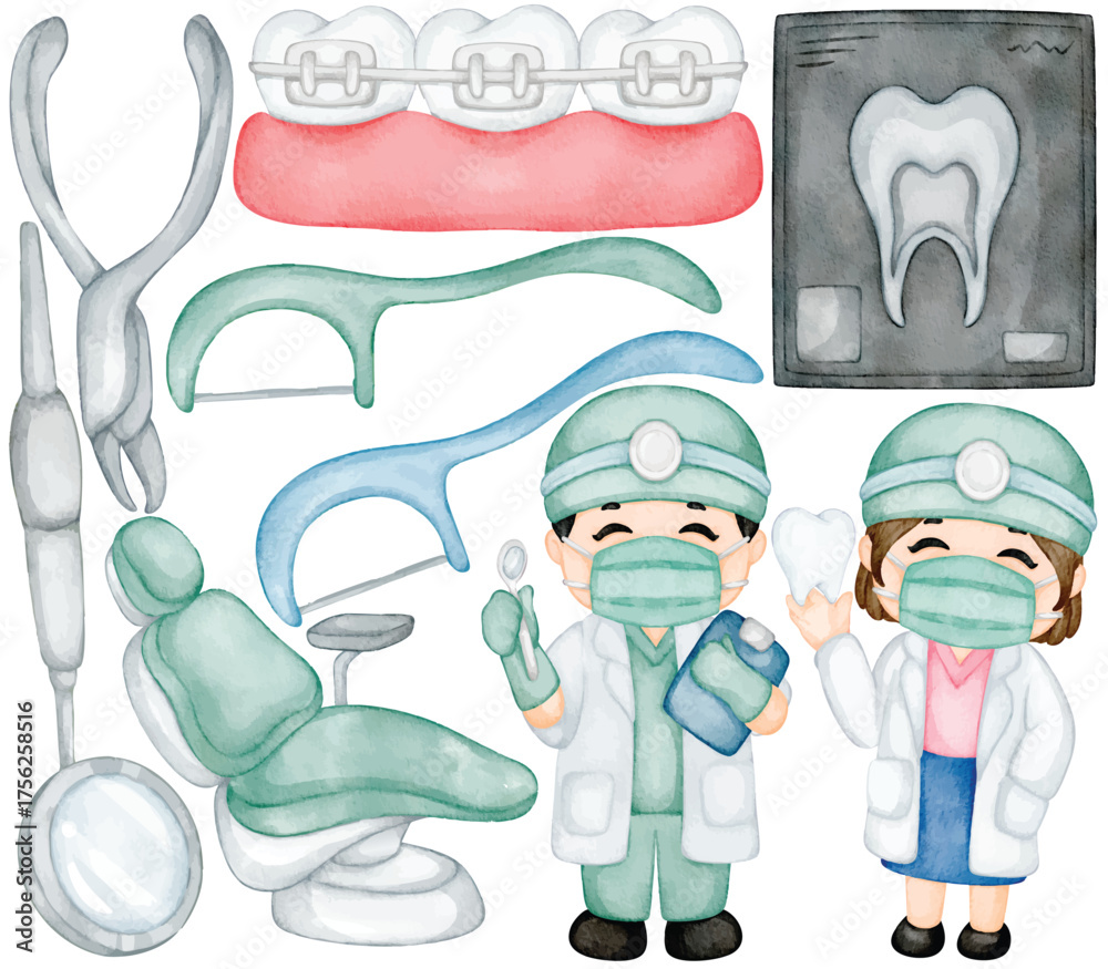Cute watercolor dentist clip art illustration with dental chair tooth ...