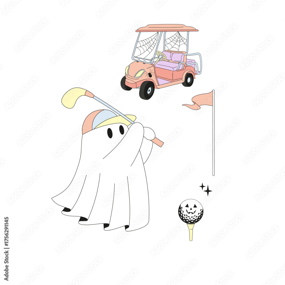 Spooky Halloween Ghosts Playing Golf Illustration, Cute Sporty Vintage ...
