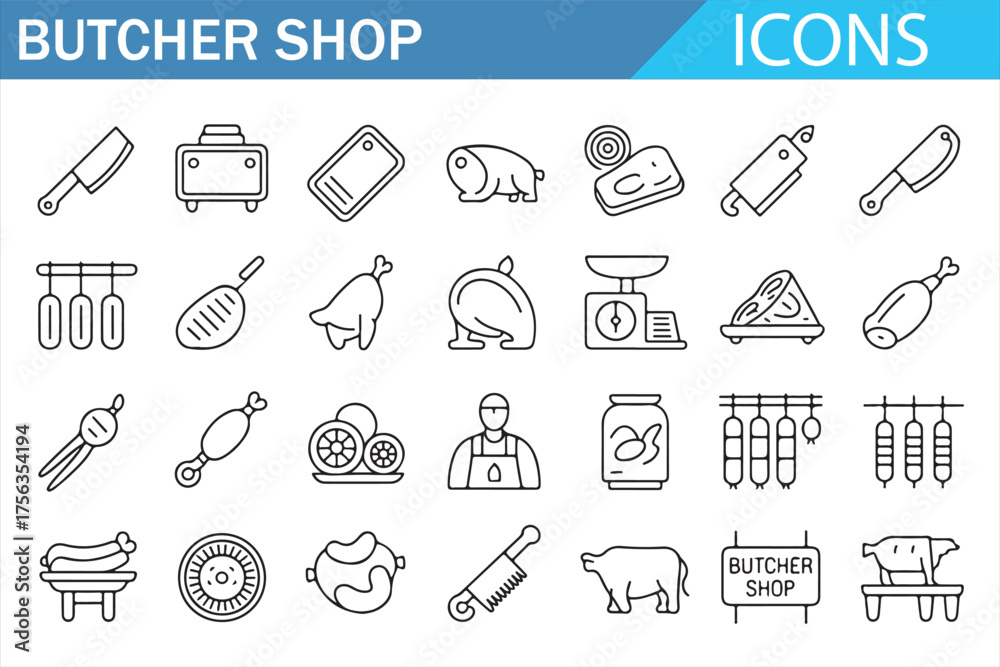 Line Art Icons for Butcher Shop - Set of Meat Processing Tools ...