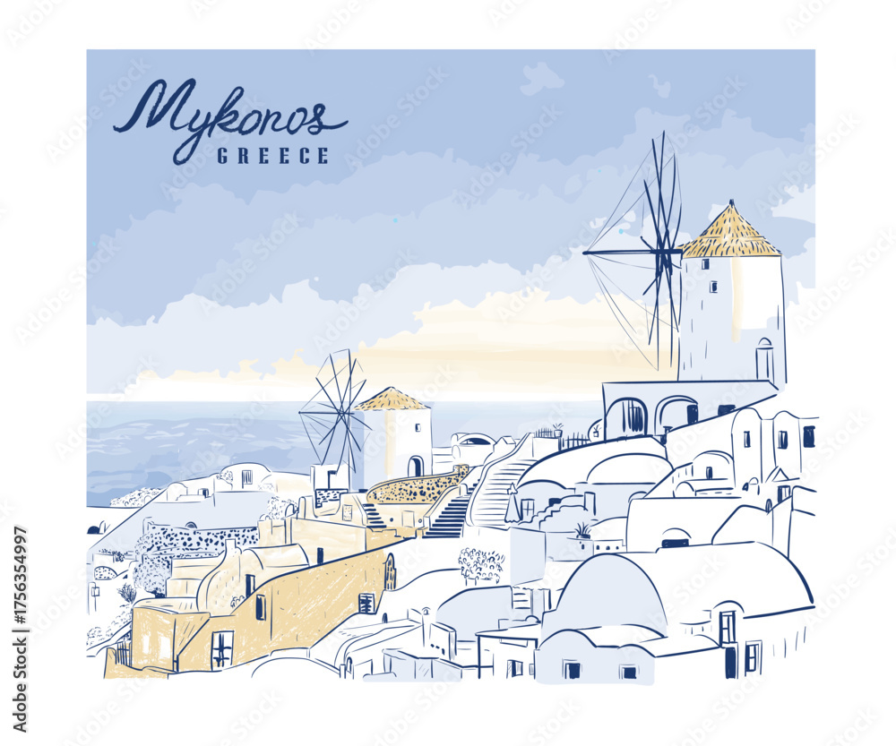 Mykonos Greece hand drawn vector art, European summer vacation ...