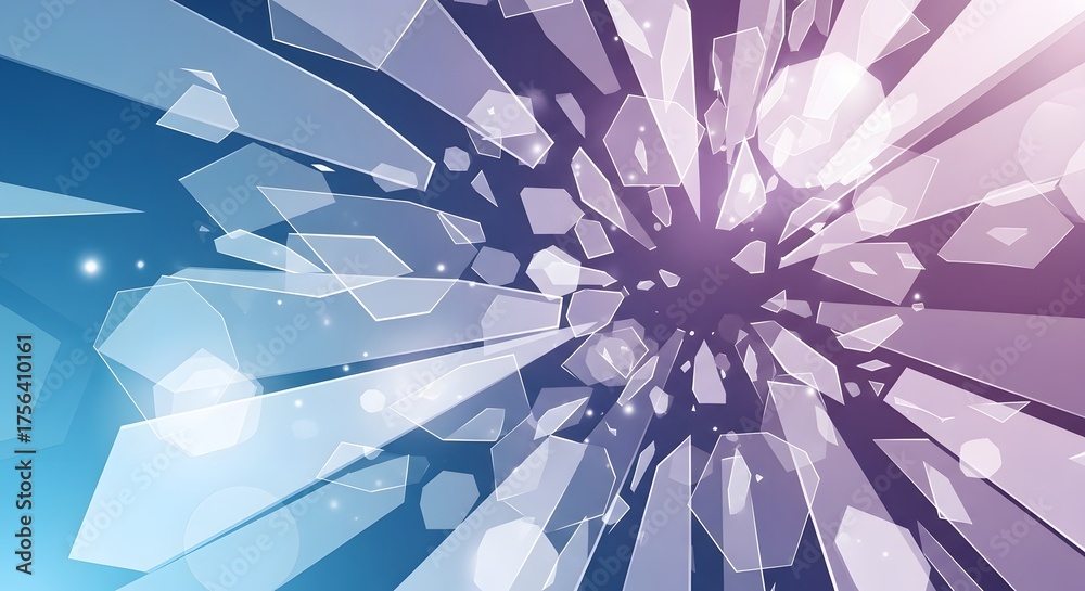 Dynamic burst of shattering glass shards explodes outwards with vibrant ...