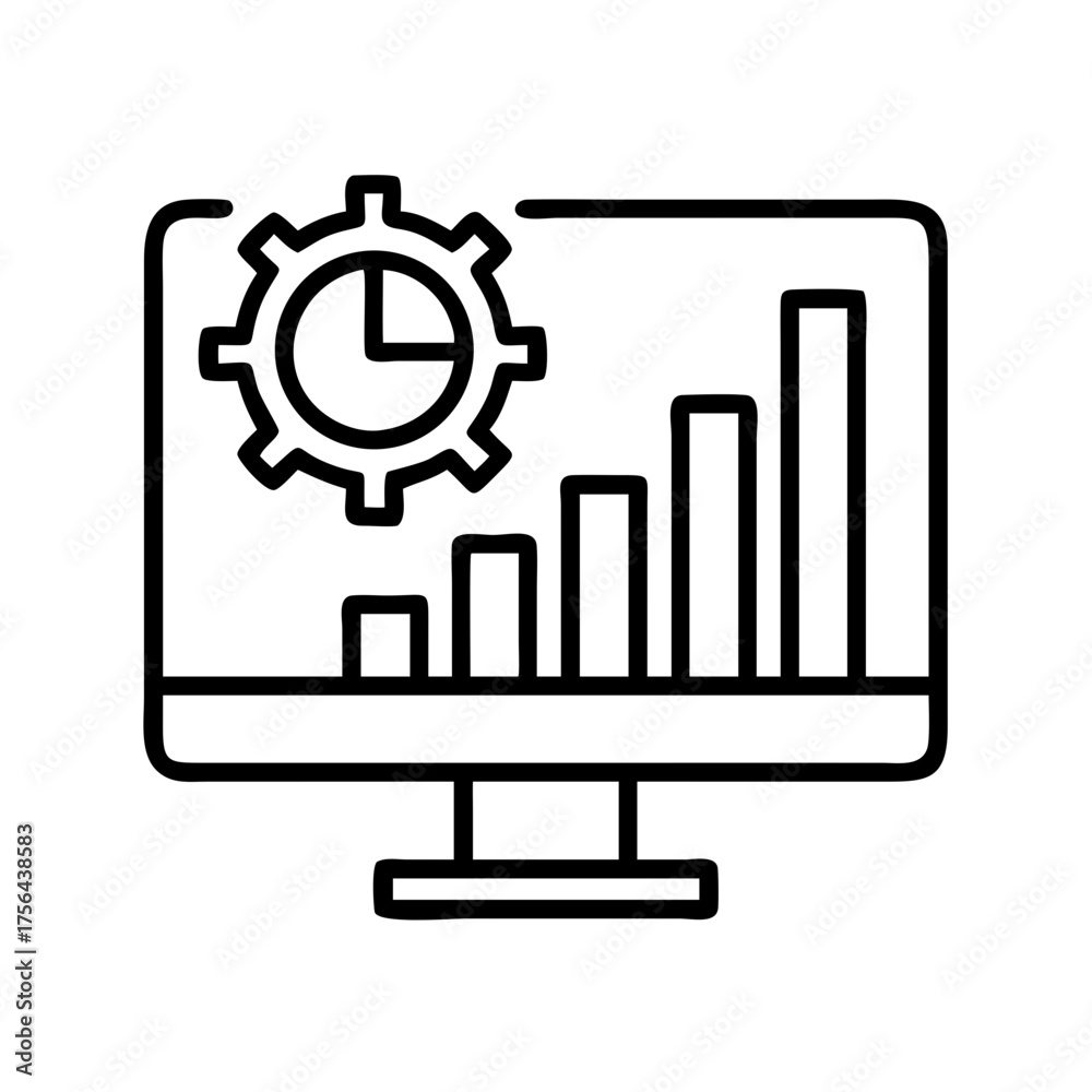 Vector art of computer screen displaying a bar graph with a gear icon ...