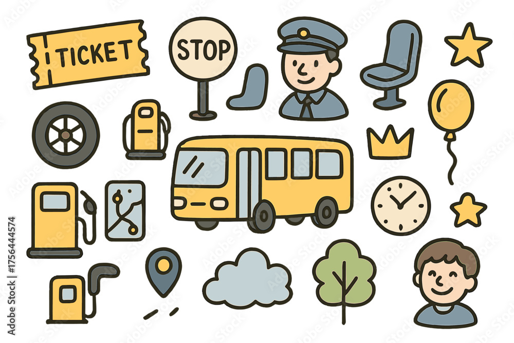 Bus Doodle Icon Set. Bus doodle icon set: hand drawn icons of city bus ...