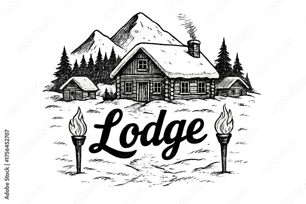 Mountain Lodge Scene. Hand-drawn mountain lodge with torches, cabins ...
