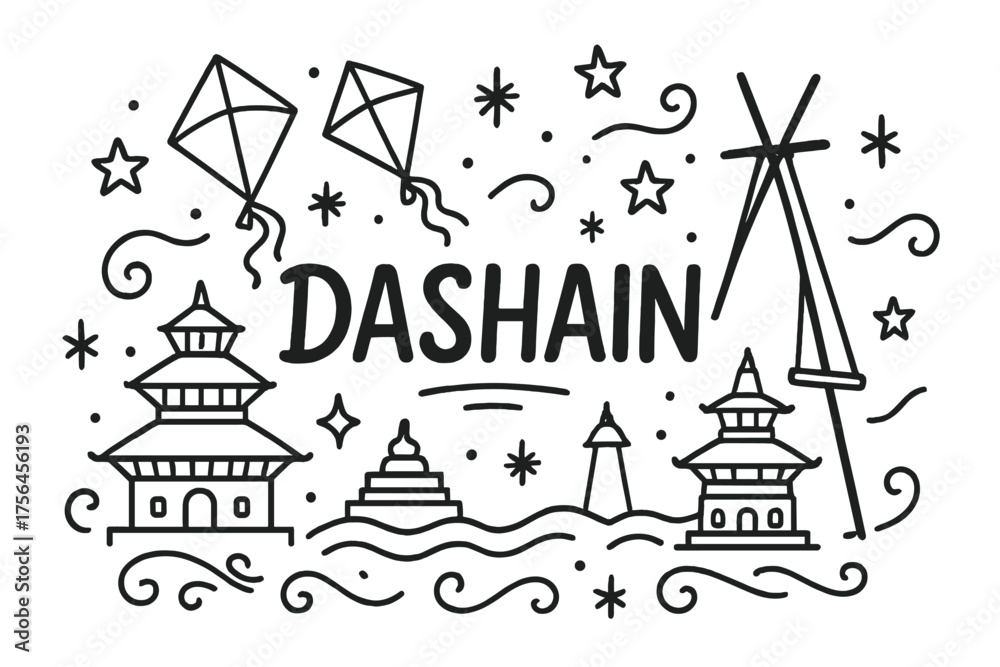 Dashain Festival Doodle. Doodle nepal dashain with kites, temples, and ...