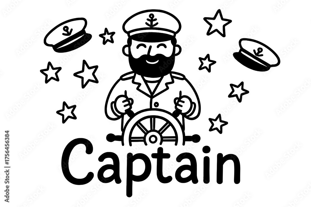 Captain Doodle Art. Doodle captain with stars, hats, and steering wheel ...
