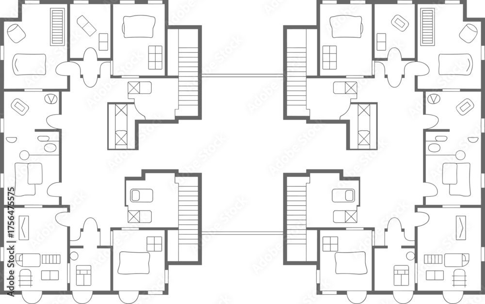 Architectural multi-unit residential floor plan, mirrored layout ...