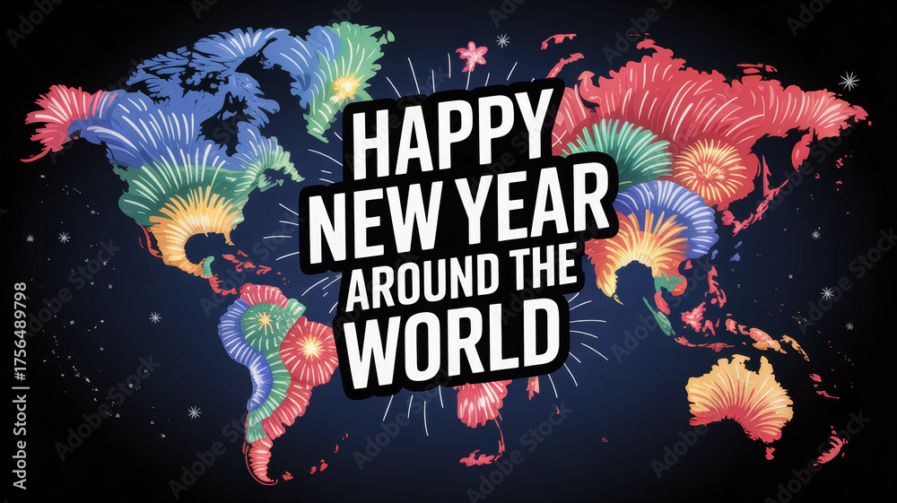 World map made of fireworks, text ‘Happy New Year Around the World ...