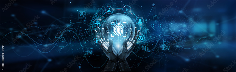 Hand of robot holding biometric authentication system scanning identity ...
