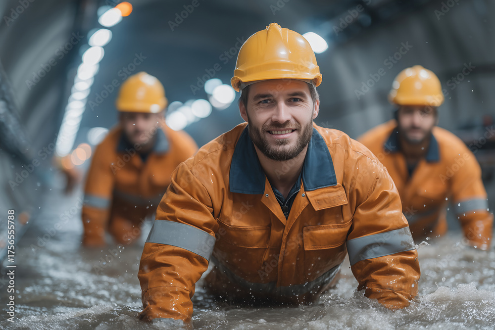 Construction workers wearing orange safety uniforms and helmets ...