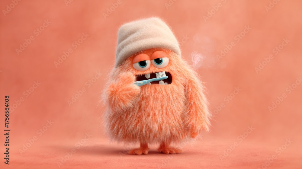 Funny fluffy monster in a nightcap brushing its teeth with a toothbrush ...