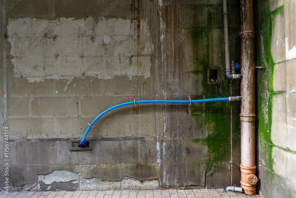 Photo Stock Wall with water installation and sewage pipes, blue PVC ...