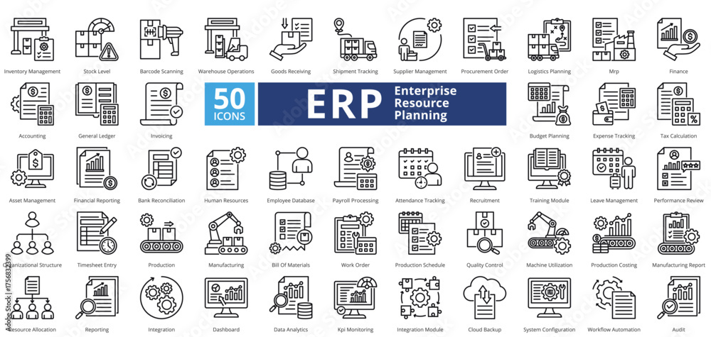 Enterprise Resource Planning outline contains 50 icons including ...