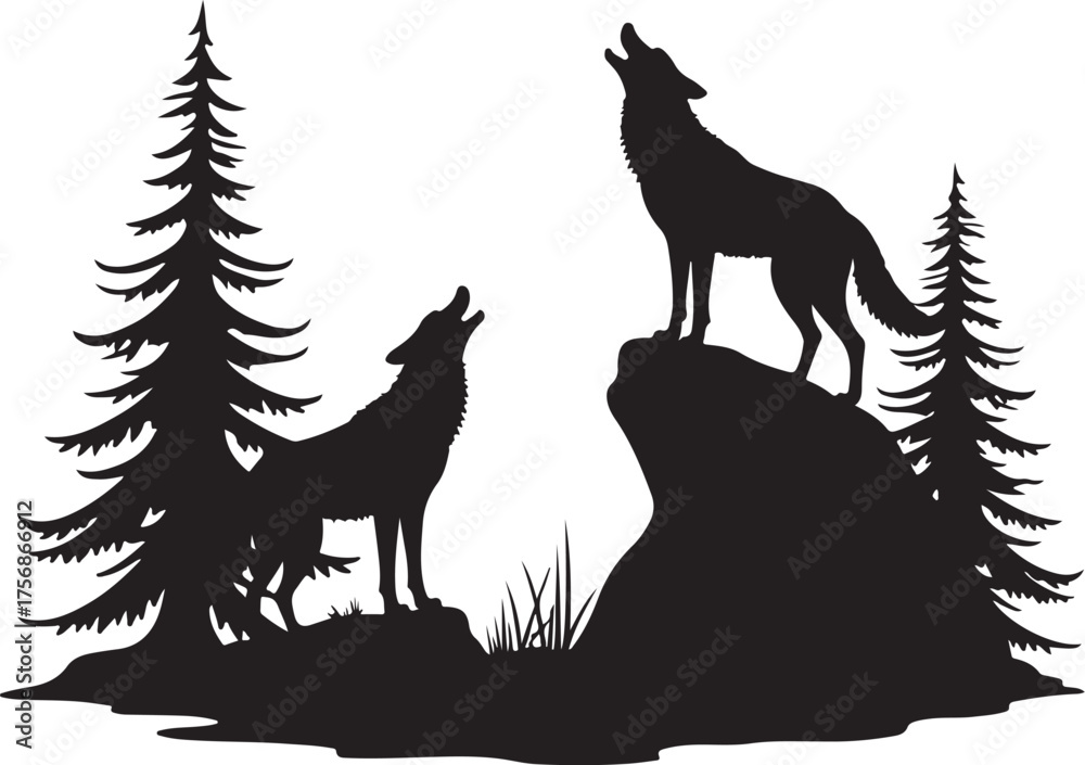 Two black wolf silhouettes howling on rocks with pine trees Stock ...