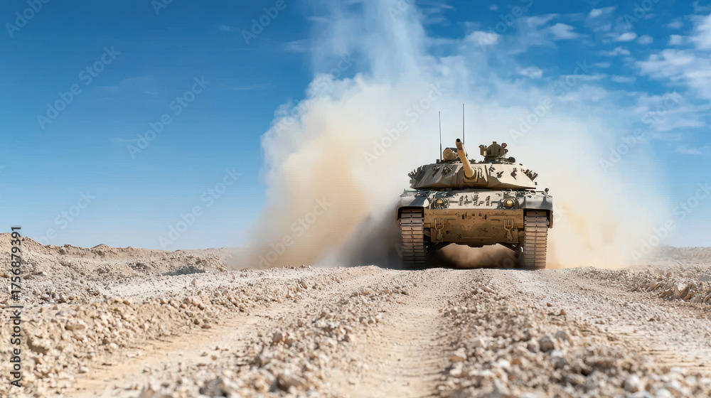 Powerful main battle tank moves through dusty terrain, creating cloud ...