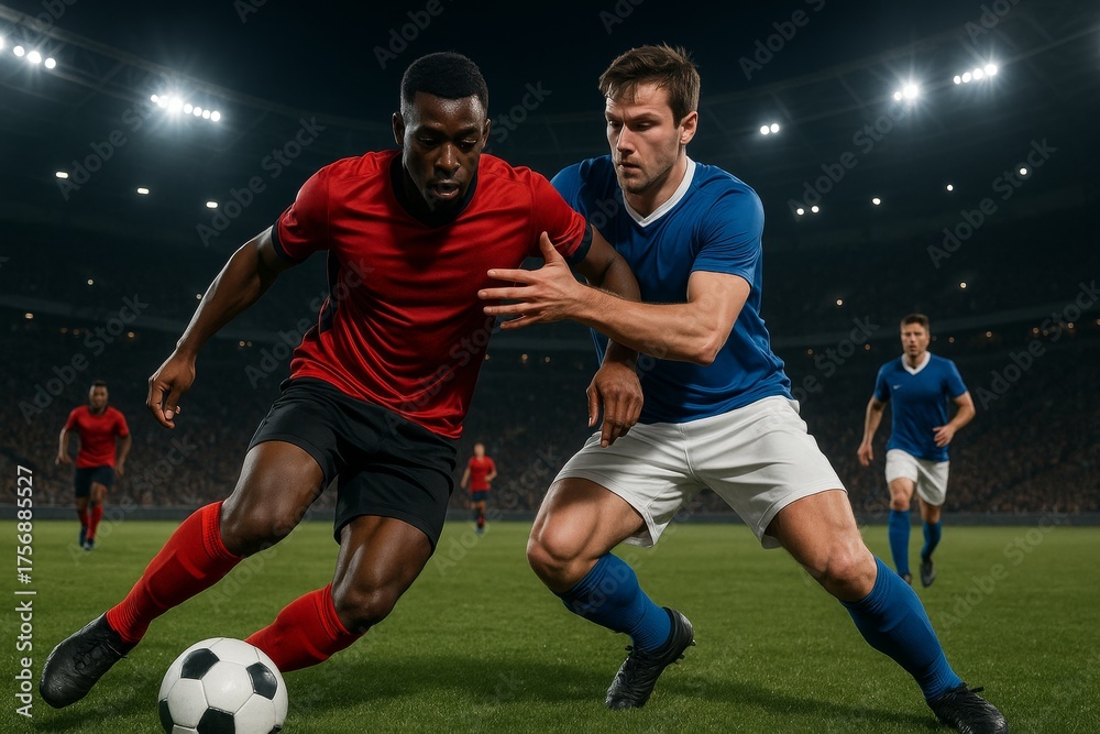 Intense soccer match between players in red and blue uniforms competing ...