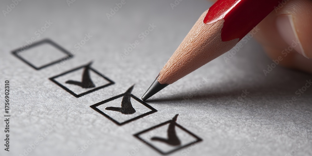 Close-up of a hand using a red pencil to mark checkboxes on a paper ...