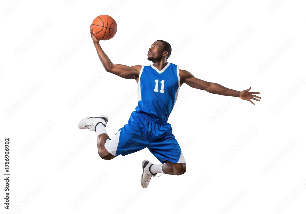 Professional basketball player dunking with ball in blue uniform action ...