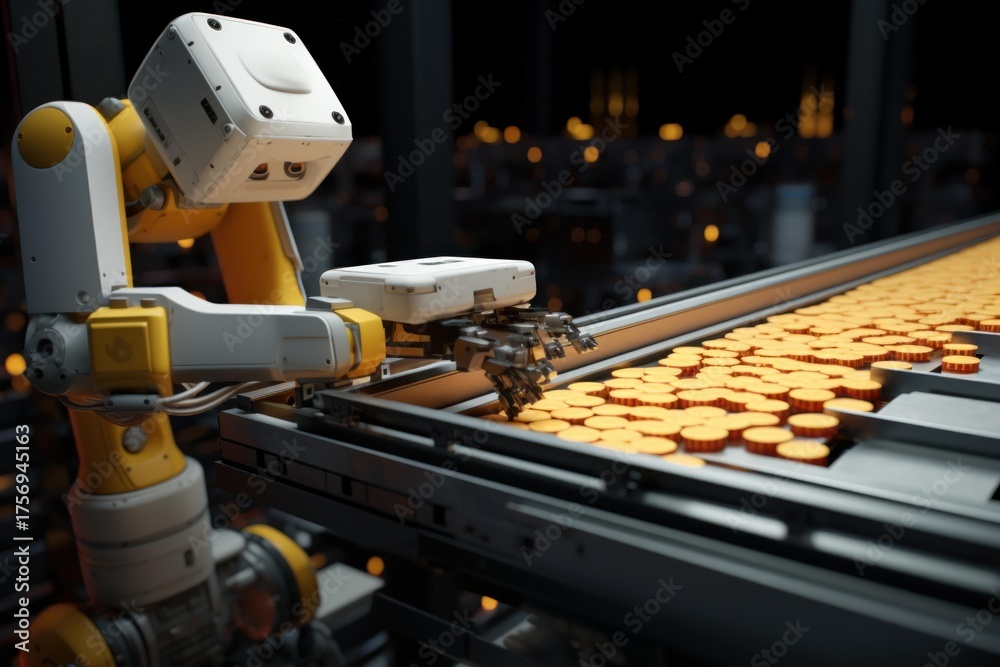 Robotic arm performing quality control on computer chips in a high tech ...