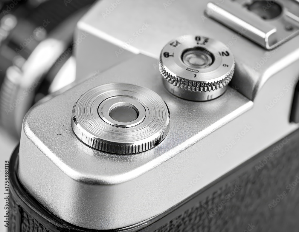 Classic camera detail showing shutter release button and film advance ...