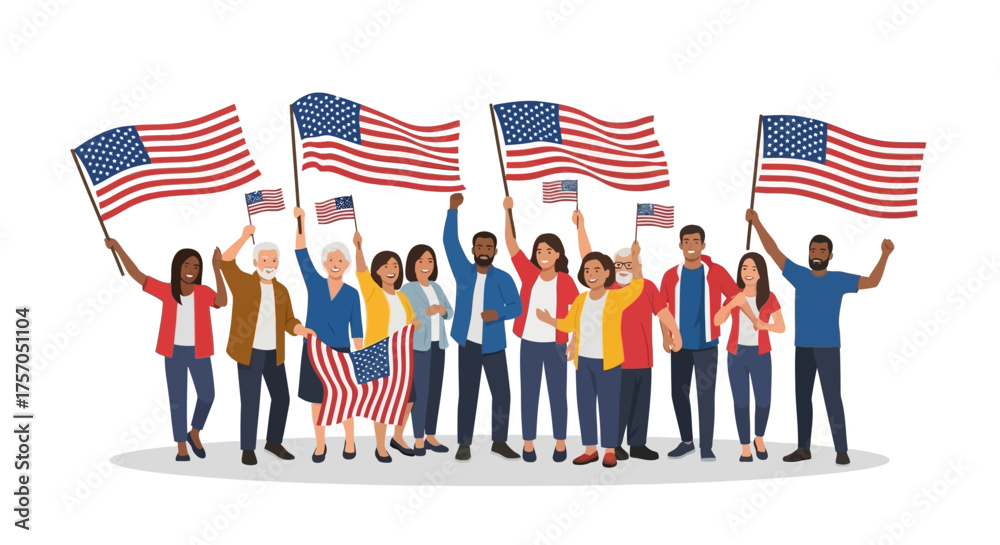 Crowd of multicultural and multi-generational citizens holding United ...