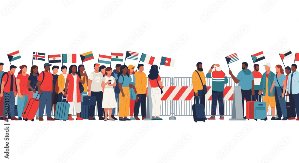Crowd of diverse immigrants and refugees with international flags ...