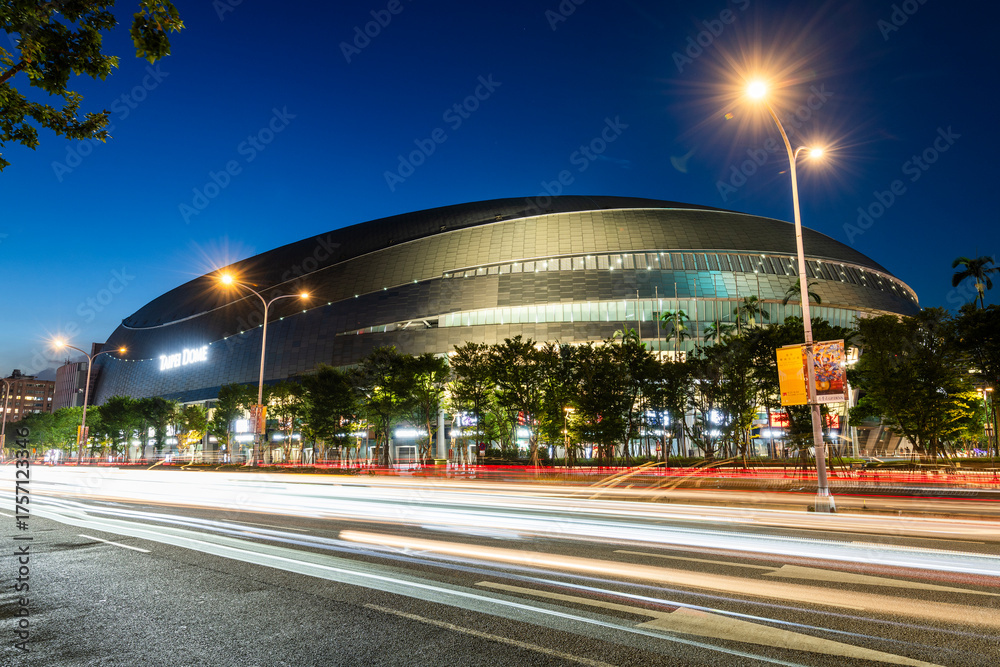 Taipei, Taiwan- August 21, 2025: Night view of the Taipei Dome in Taiwan, also known as the ...
