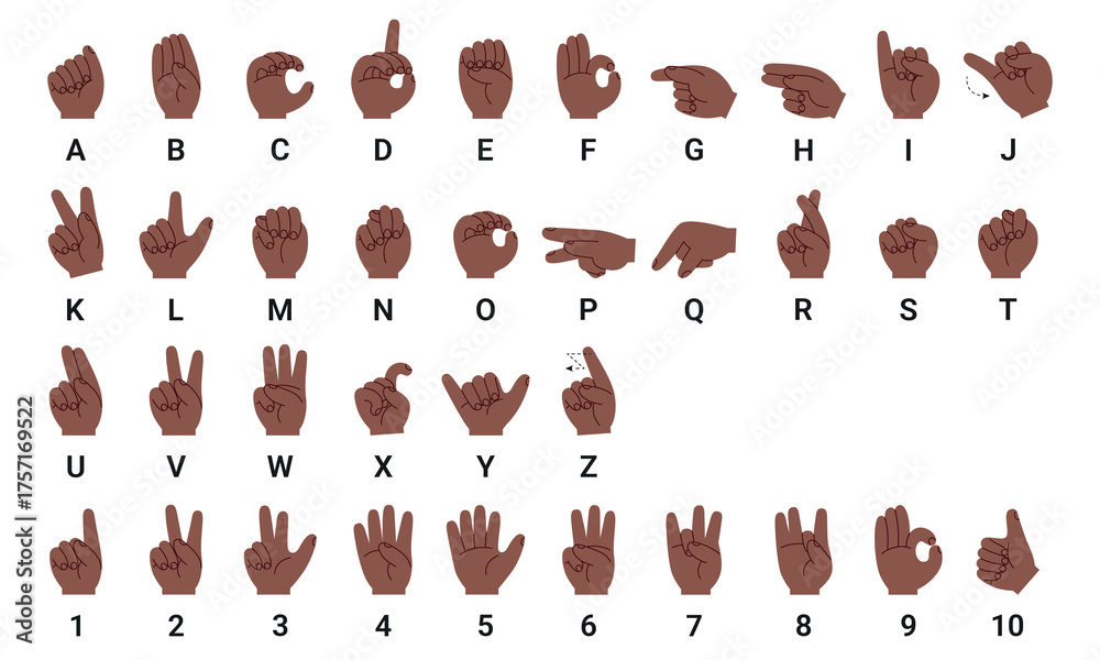 Inclusive American Sign Language (ASL) alphabet and numbers. Dark ...